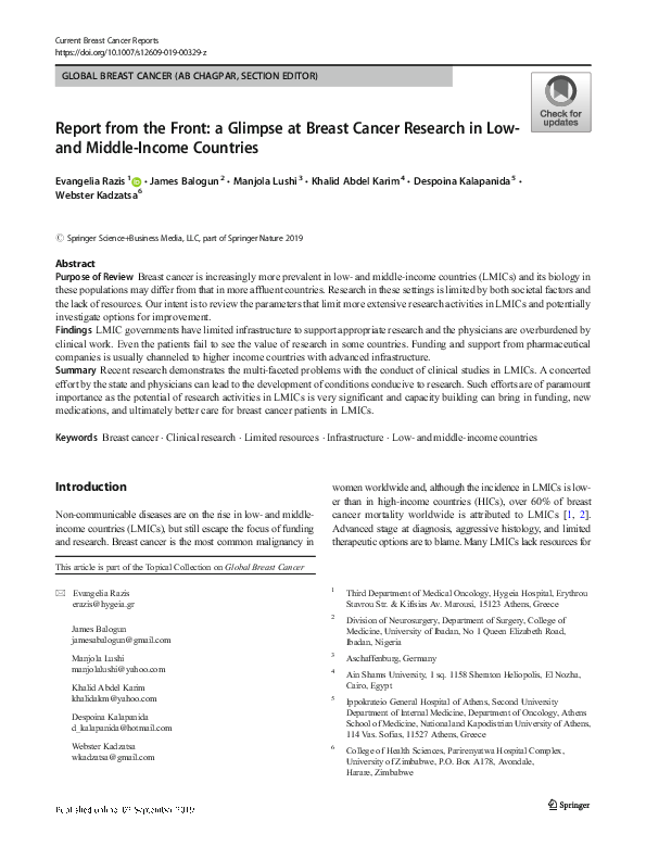 (PDF) Report from the Front: a Glimpse at Breast Cancer Research in Low ...