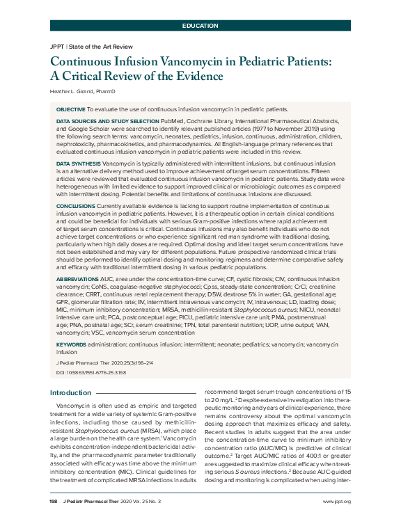(PDF) Continuous Infusion Vancomycin in Pediatric Patients: A Critical ...