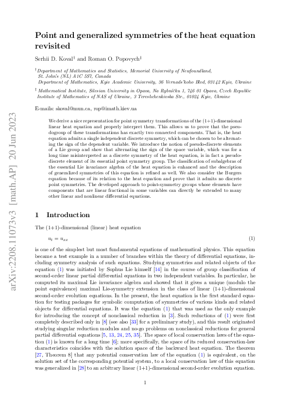 (PDF) Point and generalized symmetries of the heat equation revisited