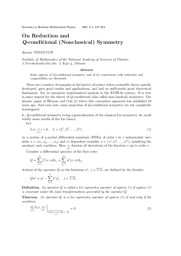 (PDF) On Reduction and Q-conditional (Nonclassical) Symmetry