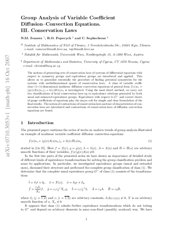 Pdf Group Analysis Of Variable Coefficient Diffusion Convection Equations Iii Conservation Laws