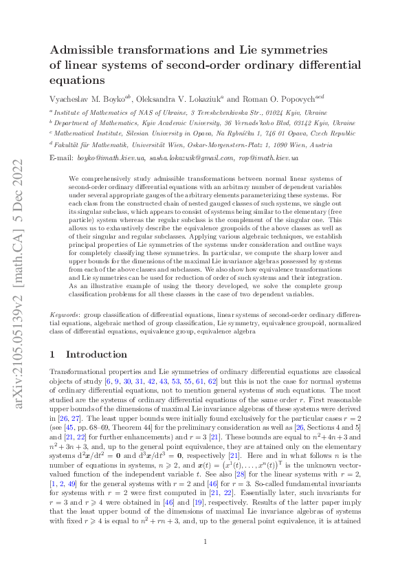 (PDF) Admissible transformations and Lie symmetries of linear systems of second-order ordinary ...