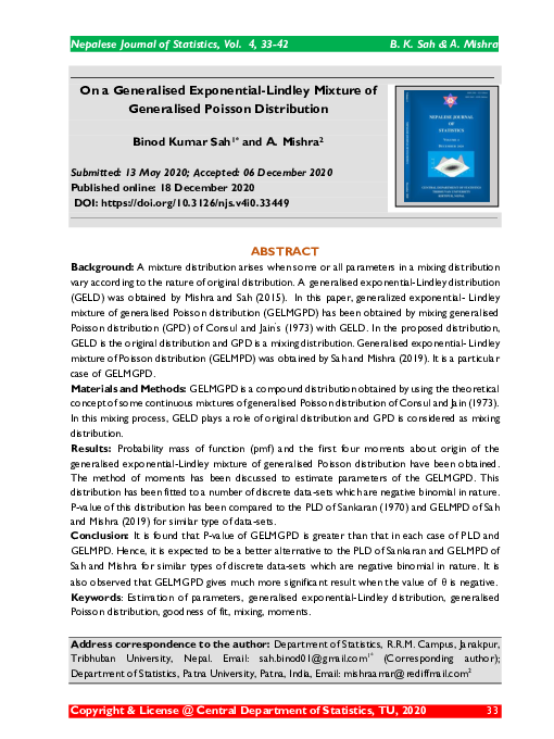 Pdf On A Generalised Exponential Lindley Mixture Of Generalised Poisson Distribution