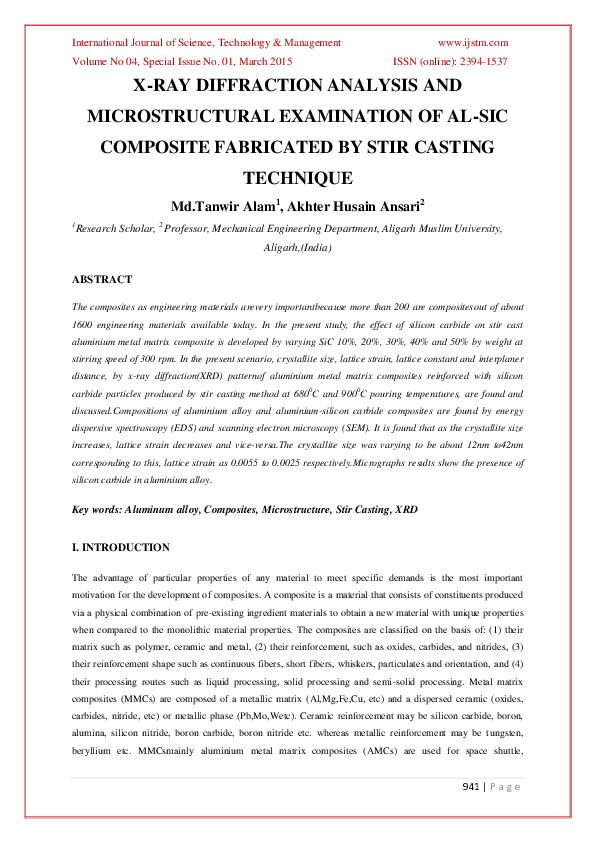 (PDF) X-Ray Diffraction Analysis and Microstructural Examination of Al-Sic Composite Fabricated ...