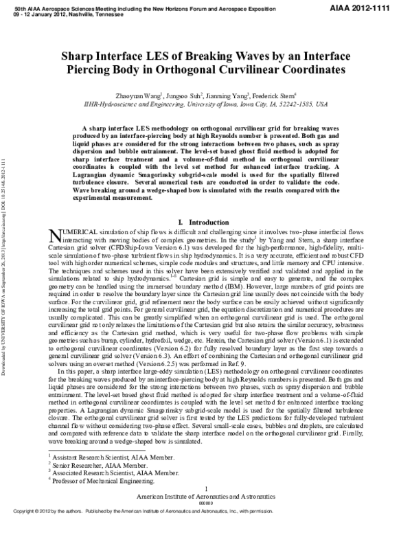 (PDF) Sharp Interface LES of Breaking Waves by an Interface Piercing ...