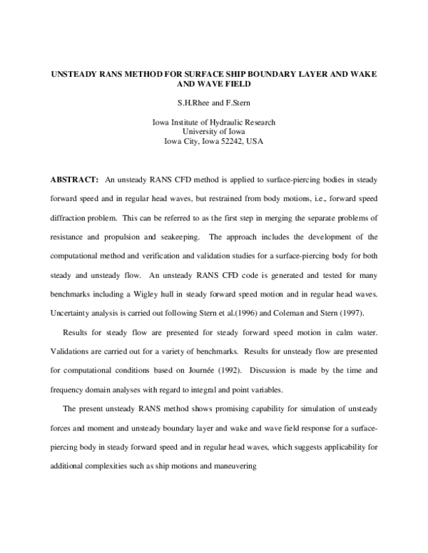 (PDF) Unsteady RANS method for surface ship boundary layer and wake and wave field | F. Stern ...