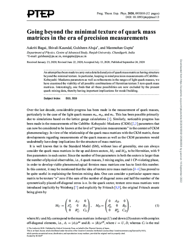 (PDF) Going beyond the minimal texture of quark mass matrices in the era of precision ...