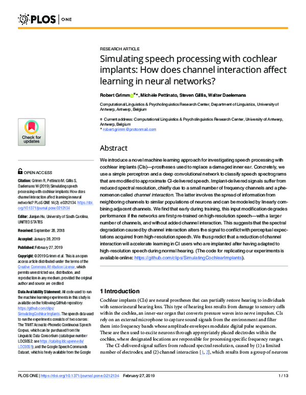 (PDF) Simulating speech processing with cochlear implants: How does channel interaction affect ...