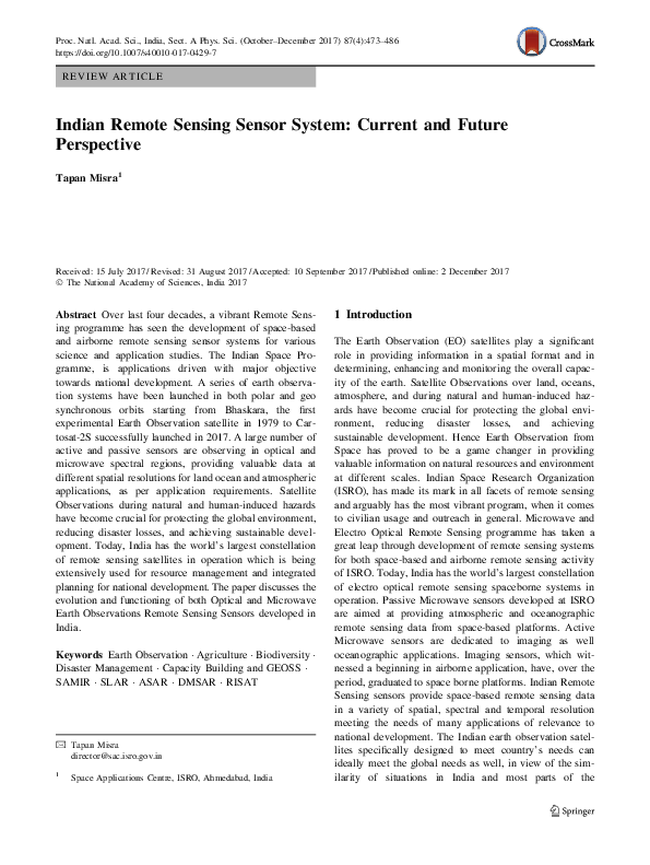 (PDF) Indian Remote Sensing Sensor System: Current and Future Perspective