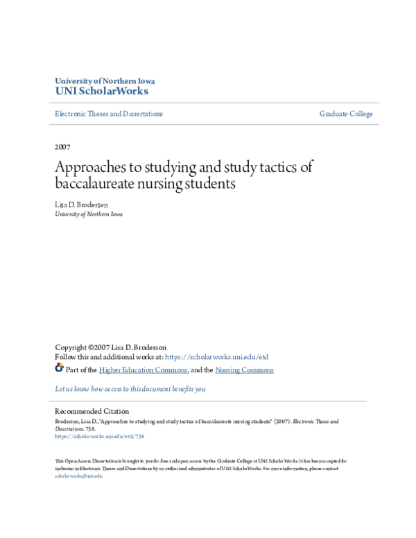 (PDF) Approaches to studying and study tactics of baccalaureate nursing students