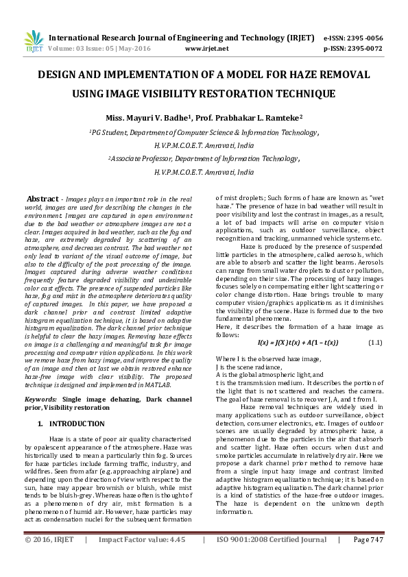 (PDF) Design and Implementation of a Model for Haze Removal Using Image Visibility Restoration ...