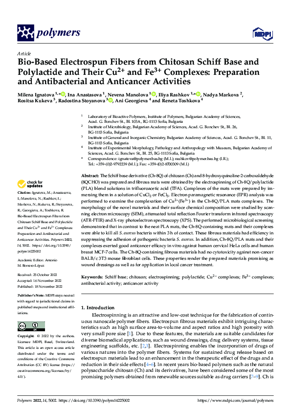 (PDF) Bio-Based Electrospun Fibers from Chitosan Schiff Base and Polylactide and Their Cu2+ and ...