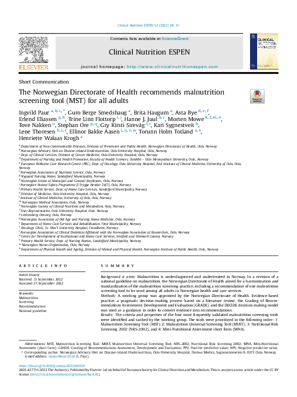 (PDF) The Norwegian Directorate of Health recommends malnutrition ...