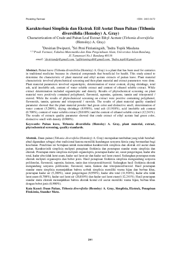 (PDF) Karakterisasi Simplisia dan Ekstrak Etil Asetat Daun Paitan ...