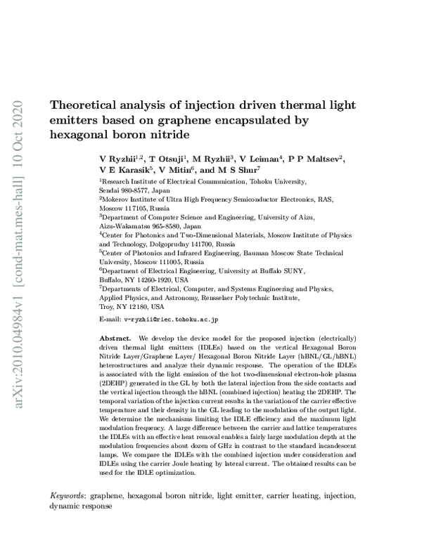 (PDF) Theoretical analysis of injection driven thermal light emitters based on graphene ...
