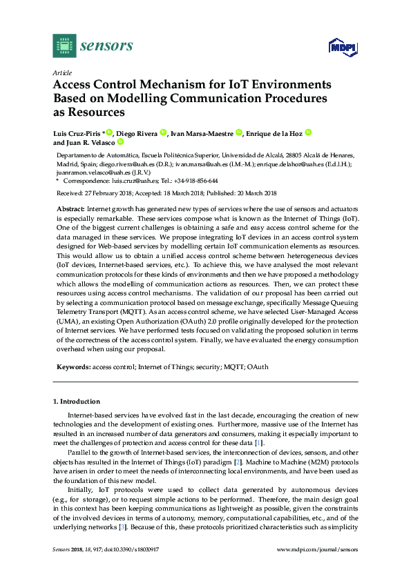 (PDF) Access Control Mechanism for IoT Environments Based on Modelling Communication Procedures ...