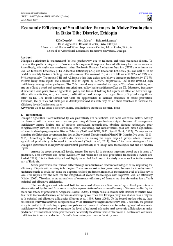 (PDF) Economic Efficiency of Smallholder Farmers in Maize Production in Bako Tibe District, Ethiopia