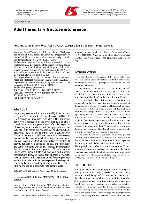 (PDF) Adult hereditary fructose intolerance