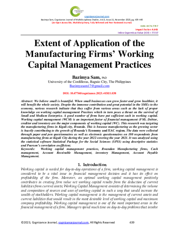 (PDF) Extent of Application of the Manufacturing Firms’ Working Capital Management Practices