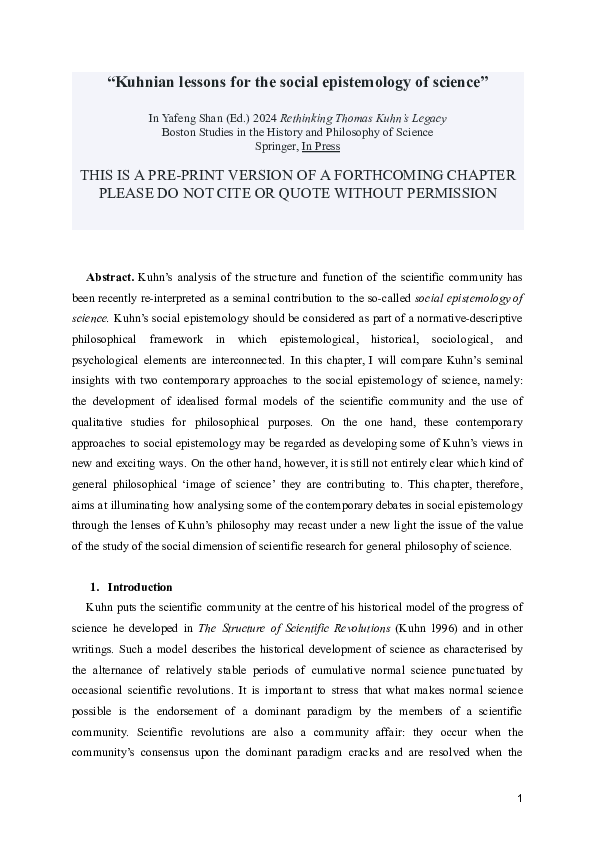 (PDF) "Kuhnian lessons for the social epistemology of science"