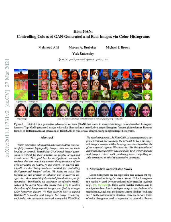 (PDF) HistoGAN: Controlling Colors of GAN-Generated and Real Images via ...
