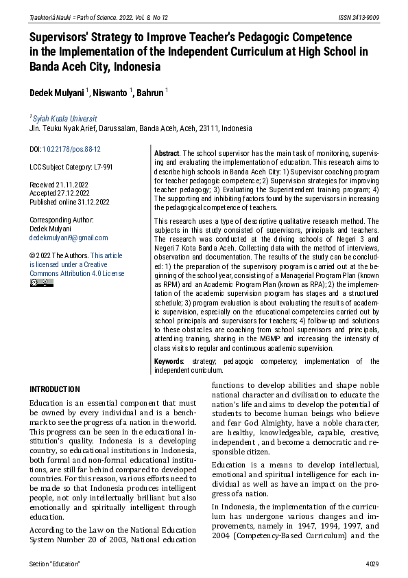 (PDF) Supervisors' Strategy to Improve Teacher's Pedagogic Competence in the Implementation of ...