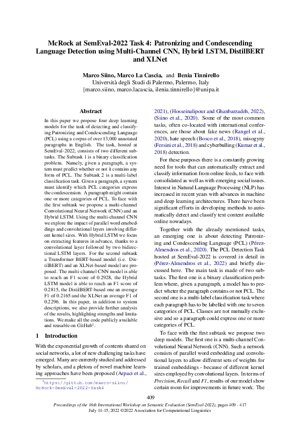 (PDF) McRock at SemEval-2022 Task 4: Patronizing and Condescending Language Detection using ...
