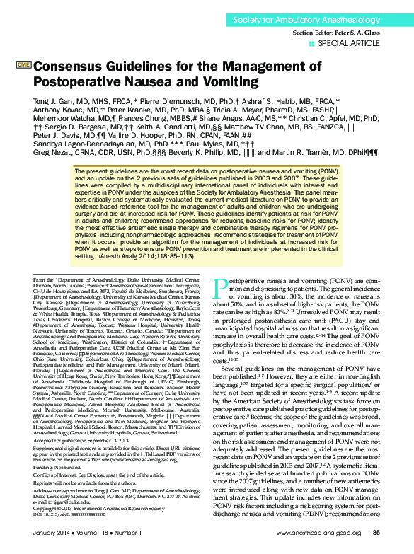 Pdf Consensus Guidelines For The Management Of Postoperative Nausea