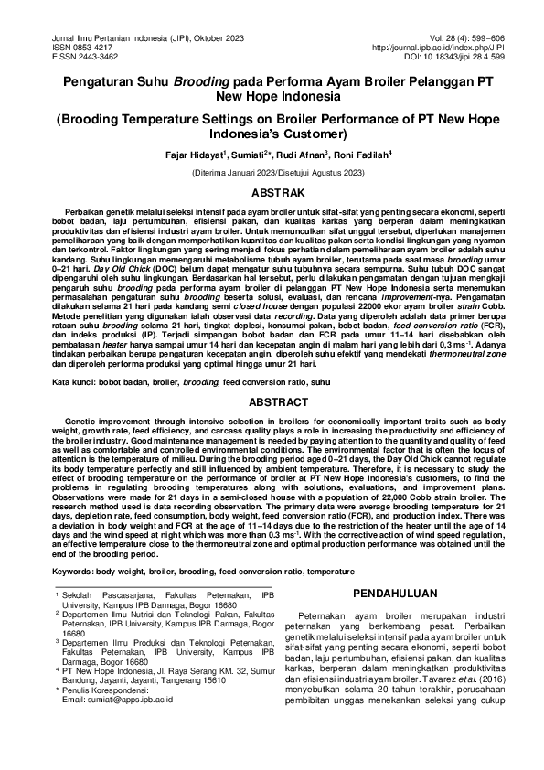 (PDF) Pengaturan Suhu Brooding pada Performa Ayam Broiler Pelanggan PT New Hope Indonesia