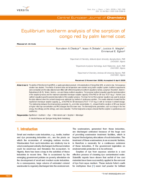 (PDF) Equilibrium isotherm analysis of the sorption of congo red by palm kernel coat | Justice ...