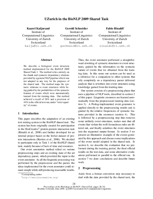 (PDF) UZurich in the BioNLP 2009 shared task