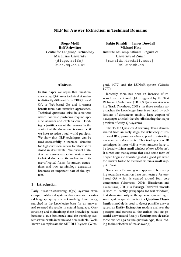 (PDF) Answer Extraction in Technical Domains | Gerold Schneider - Academia.edu