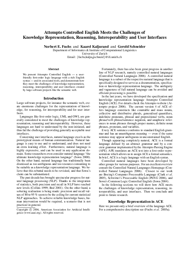 (PDF) Attempto Controlled English Meets the Challenges of Knowledge Representation, Reasoning ...