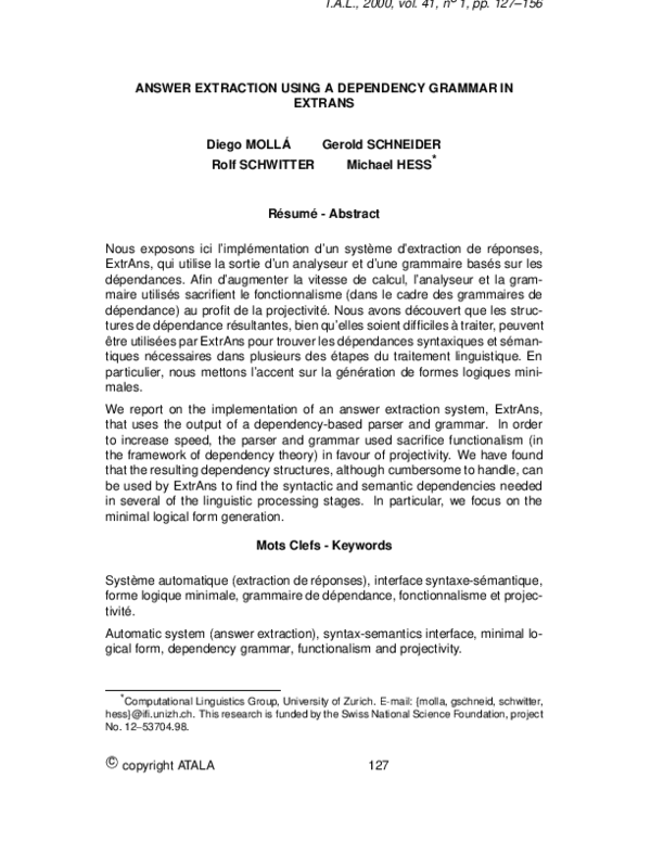 (PDF) Answer Extraction Using A Dependency Grammar In ExtrAns