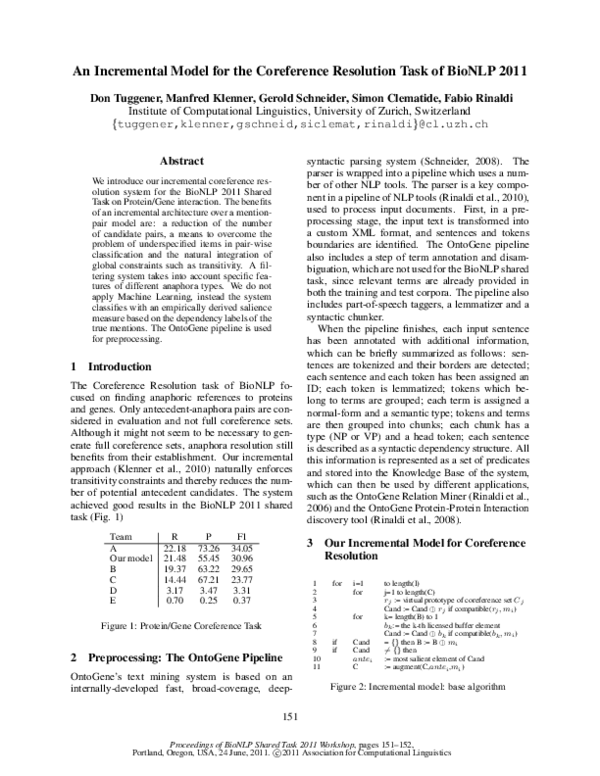 (PDF) An Incremental Model for the Coreference Resolution Task of BioNLP 2011