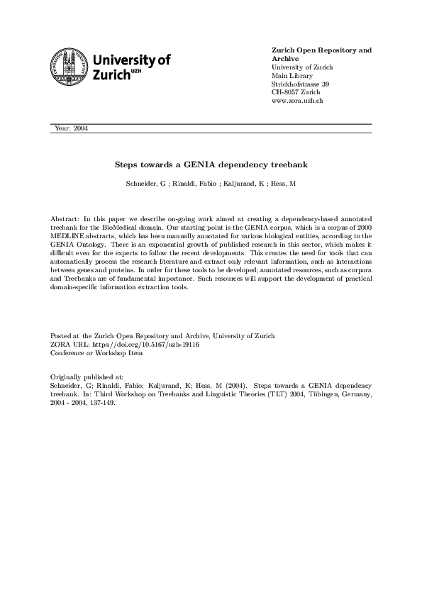 (PDF) Steps towards a GENIA dependency treebank