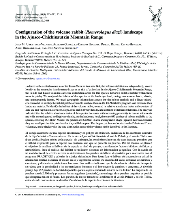 (PDF) Configuration of the volcano rabbit (Romerolagus diazi) landscape ...