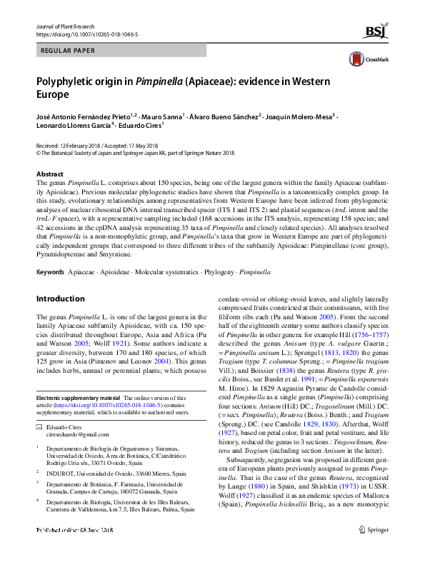 (PDF) Polyphyletic origin in Pimpinella (Apiaceae): evidence in Western ...
