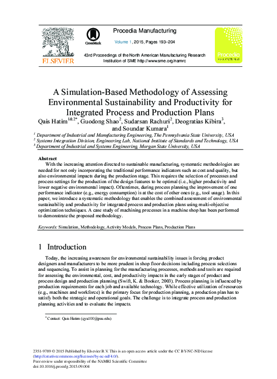 (PDF) A Simulation-based Methodology of Assessing Environmental Sustainability and Productivity ...