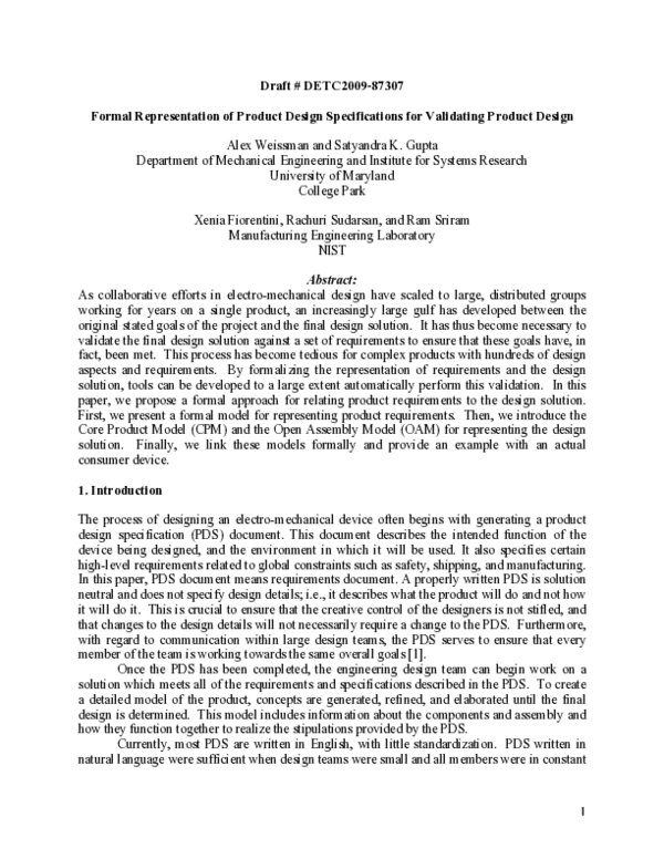 Pdf Formal Representation Of Product Design Specifications For Validating Product Design 