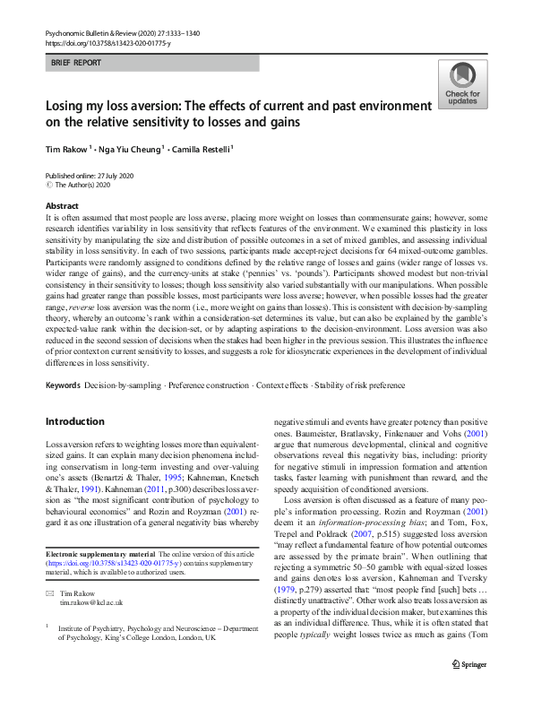 (PDF) Losing my loss aversion: The effects of current and past ...