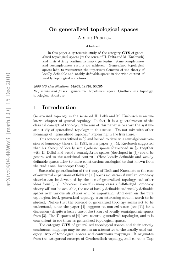 (PDF) On generalized topological spaces I