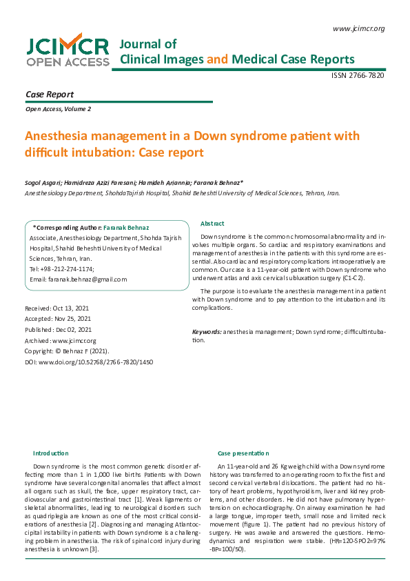 (PDF) Anesthesia management in a Down syndrome patient with difficult intubation: Case report
