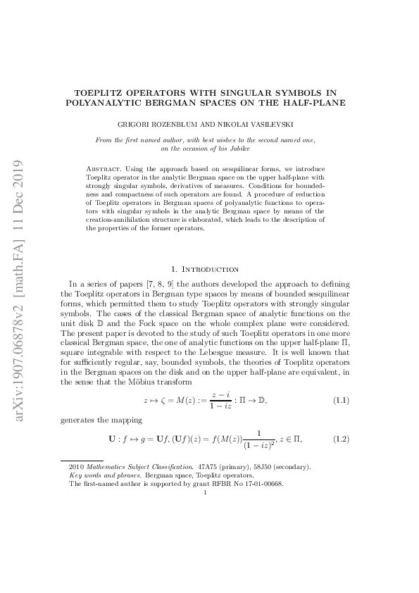 Pdf Toeplitz Operators With Singular Symbols In Polyanalytic Bergman Spaces On The Half Plane
