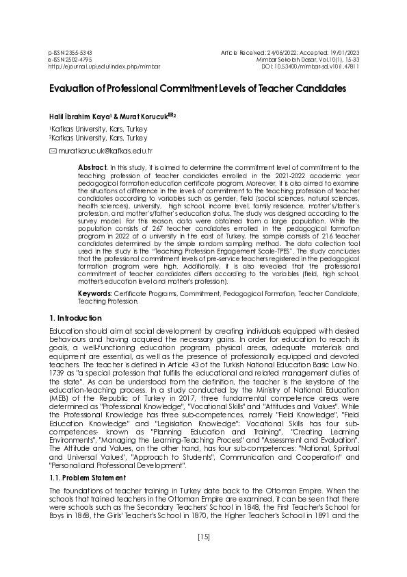(PDF) Evaluation of Professional Commitment Levels of Teacher Candidates