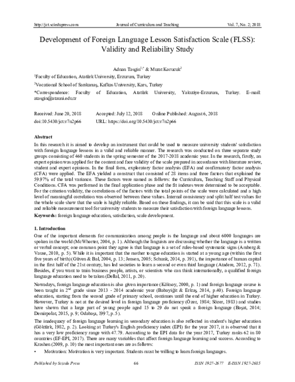 Pdf Development Of Foreign Language Lesson Satisfaction Scale Flss Validity And Reliability