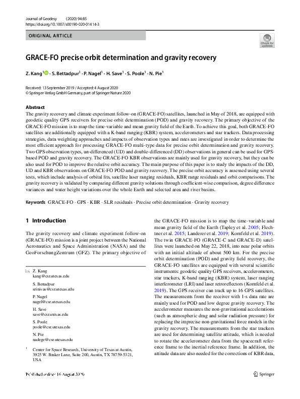 Pdf Grace Fo Precise Orbit Determination And Gravity Recovery