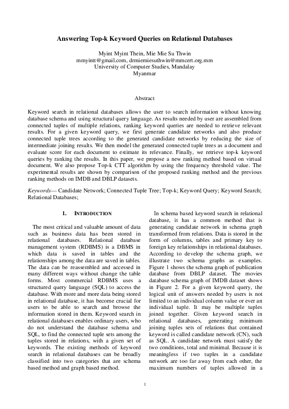 Pdf Answering Top K Keyword Queries On Relational Databases Myint Myint Thein 2025