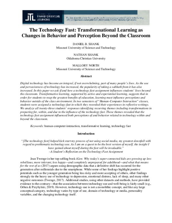 (PDF) The Technology Fast: Transformational Learning as Changes in ...