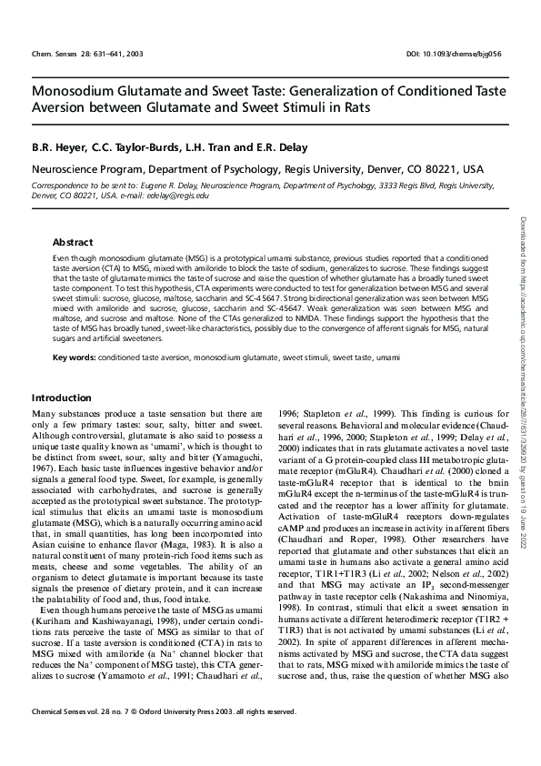 (PDF) Monosodium Glutamate and Sweet Taste: Generalization of ...